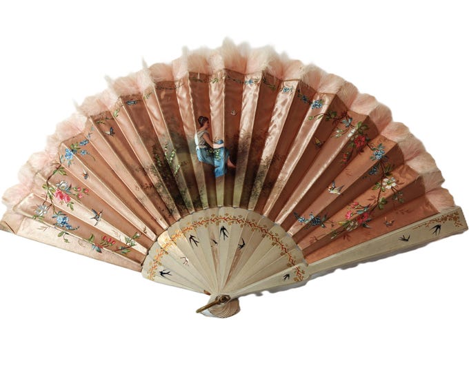 Large Wood and Hand Painted Silk Folding Fan With Feathers - Etsy