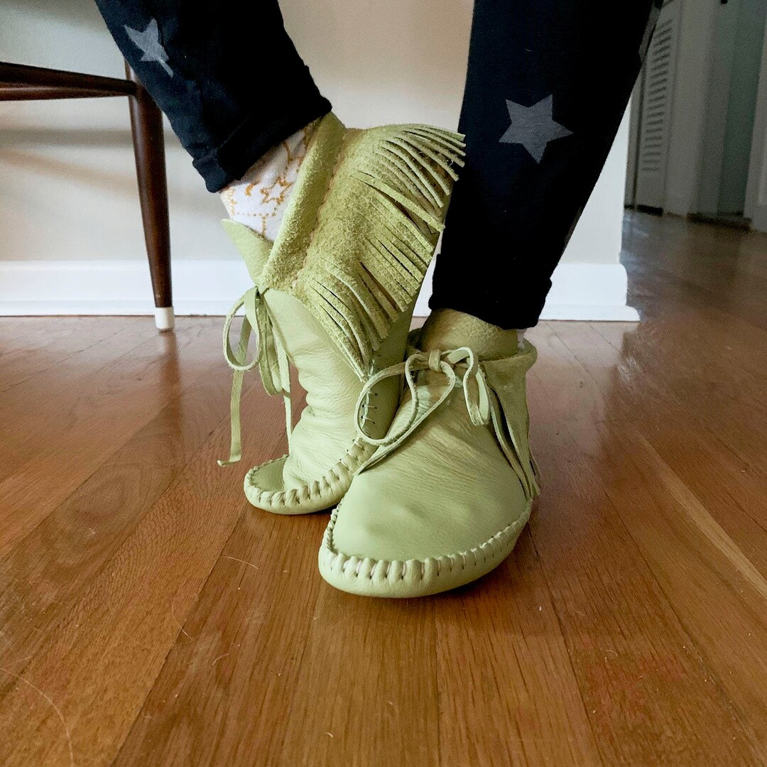 Handmade Moccasins | Indigenous Maker | Fringe Moccasins | Lime Green ...