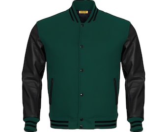 Varsity Jacket Forest Green Body and White Leather Sleeves Letterman ...