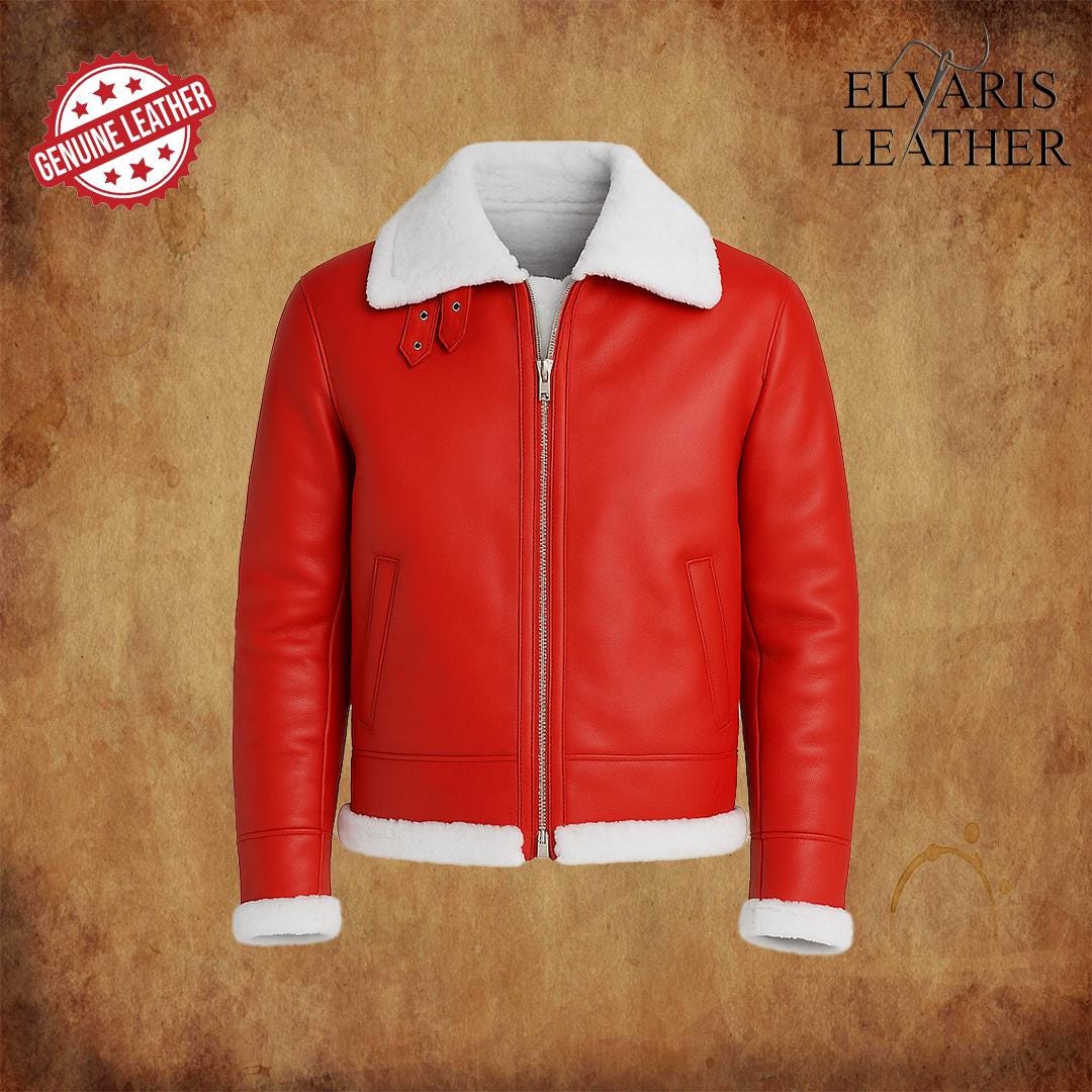 Men's B3 Red Shearling Jacket Handmade Genuine Leather RAF Bomber ...