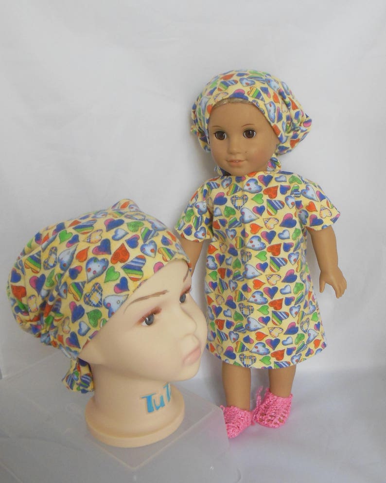Toddler Hair Snood With 18" Doll Hospital Outfit, Hearts on Yellow ...