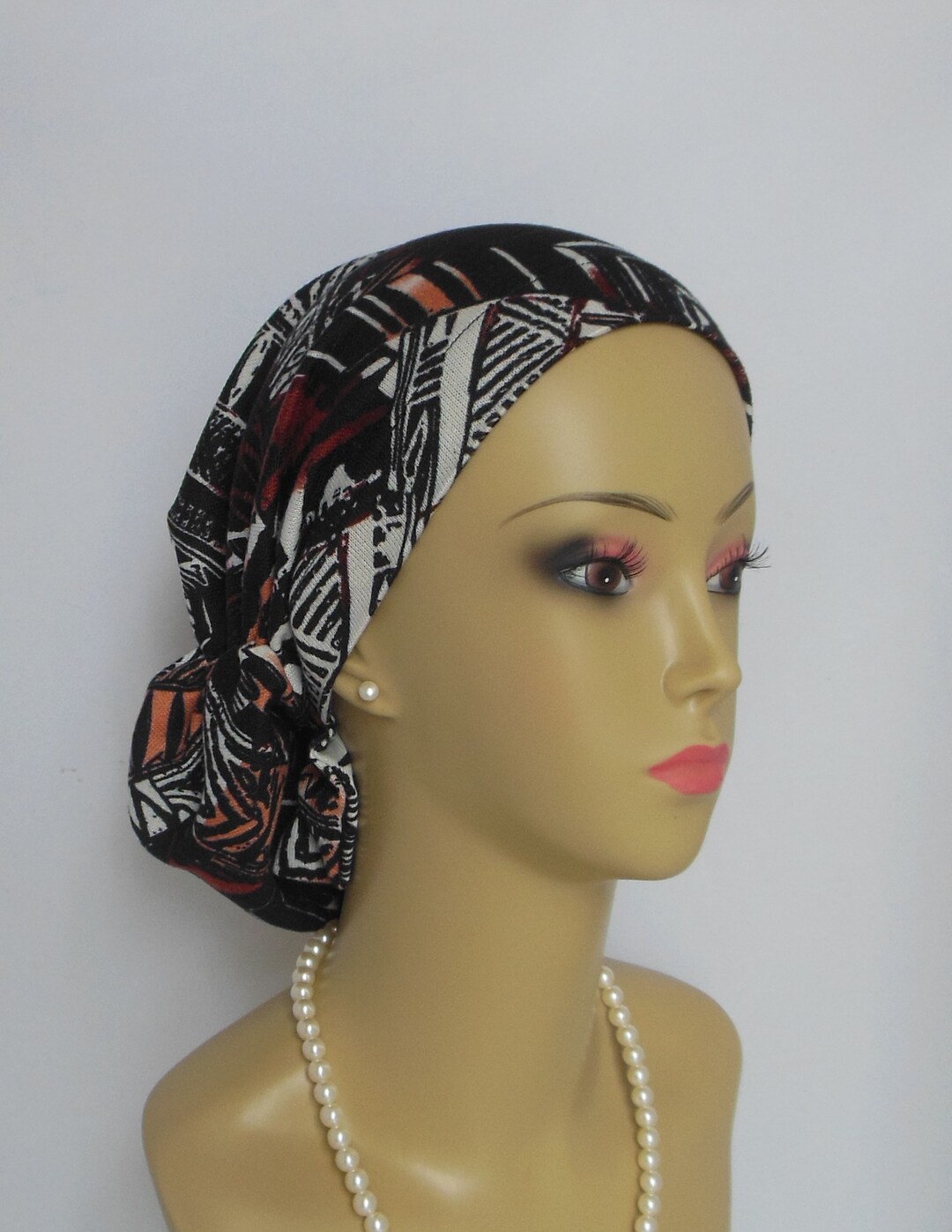 Hair Snood Earth Tone Crazy Quilt Block Print Jersey Chemo Headwear ...