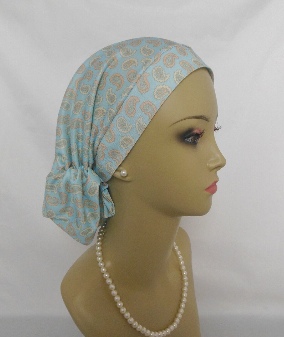 Satin Hair Snood Turban Light Blue Paisley Extra Length & Cap Lock ...
