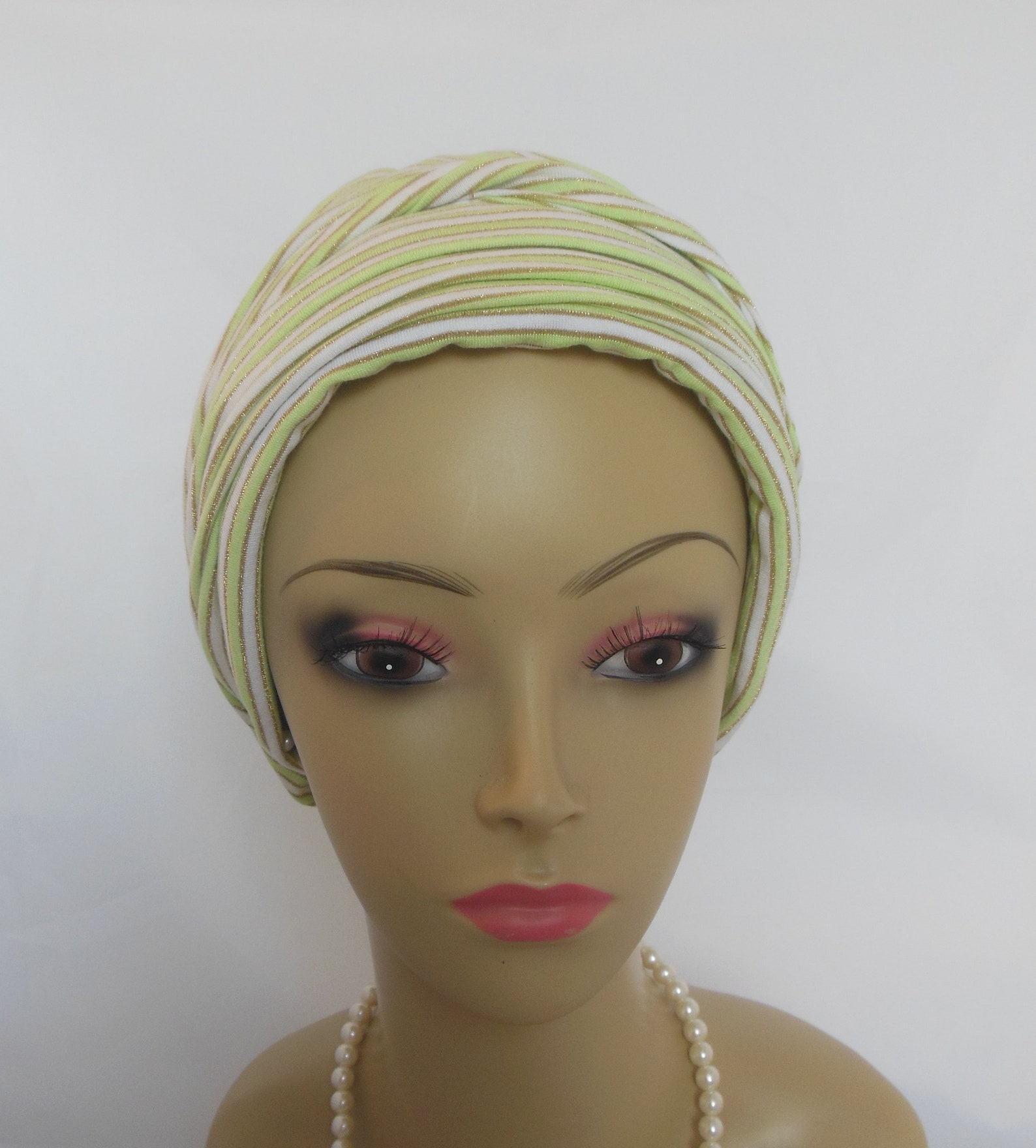 Lime Green White Gold Stripe Turban Scarf Jersey Volumizer Chemo ...