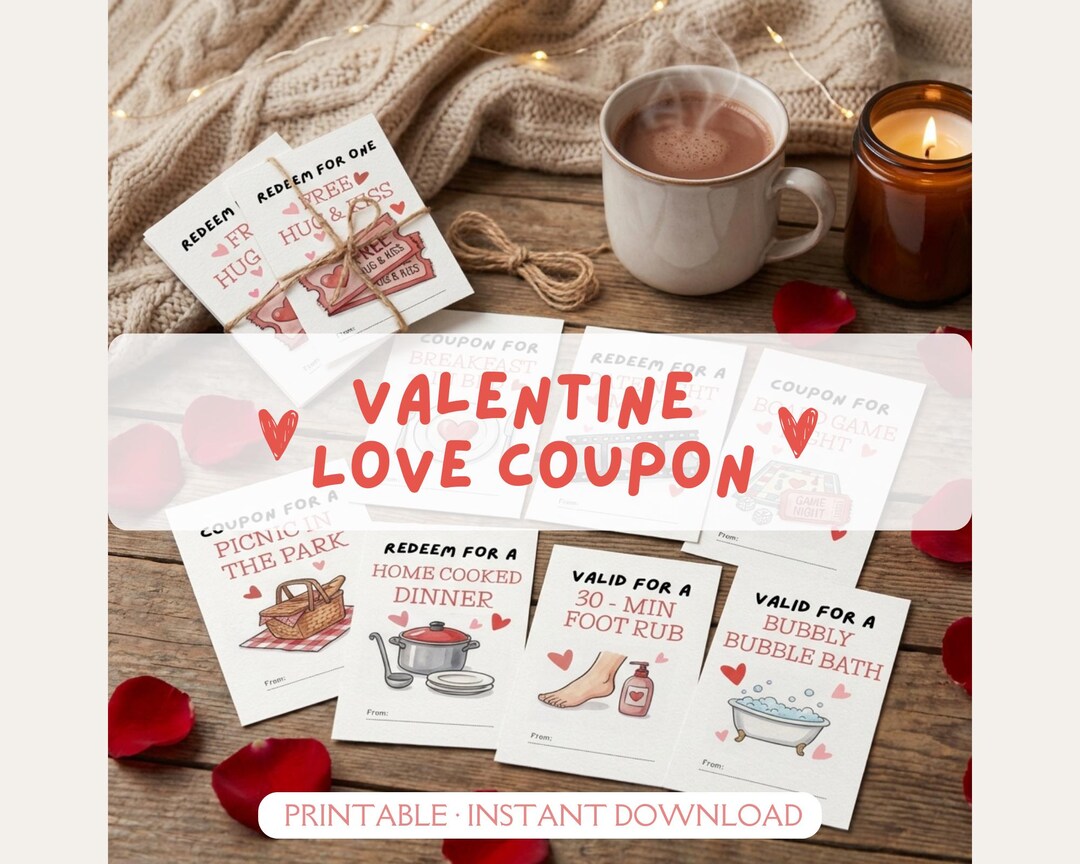 Valentine Love Coupons Printable, Custom Coupon Book for Him Her ...