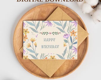 Floral Happy Birthday Card – Printable Digital Greeting - Etsy