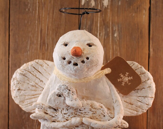 Primitive Snowman Angel Carrying Lamb, Handmade Paper Mache, Prim ...