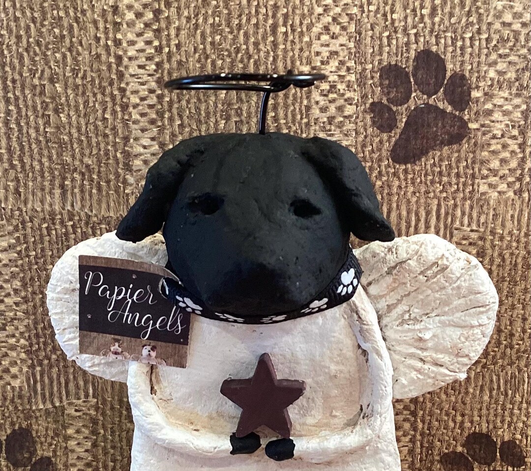Handmade Paper Mache Black Lab Angel Figurine, Paw Print Ribbon - Etsy
