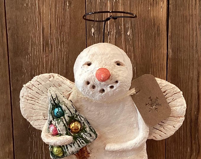 Primitive Snowman Angel, Handmade Papier Mache, Folk Art Snowman Angel ...