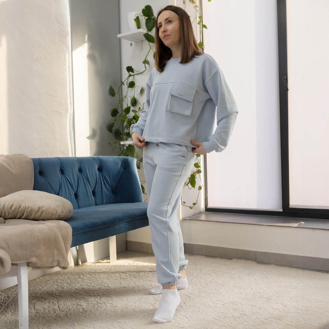 Handmade Light Blue Lounge Set: Cotton Hoodie and Pants - Etsy