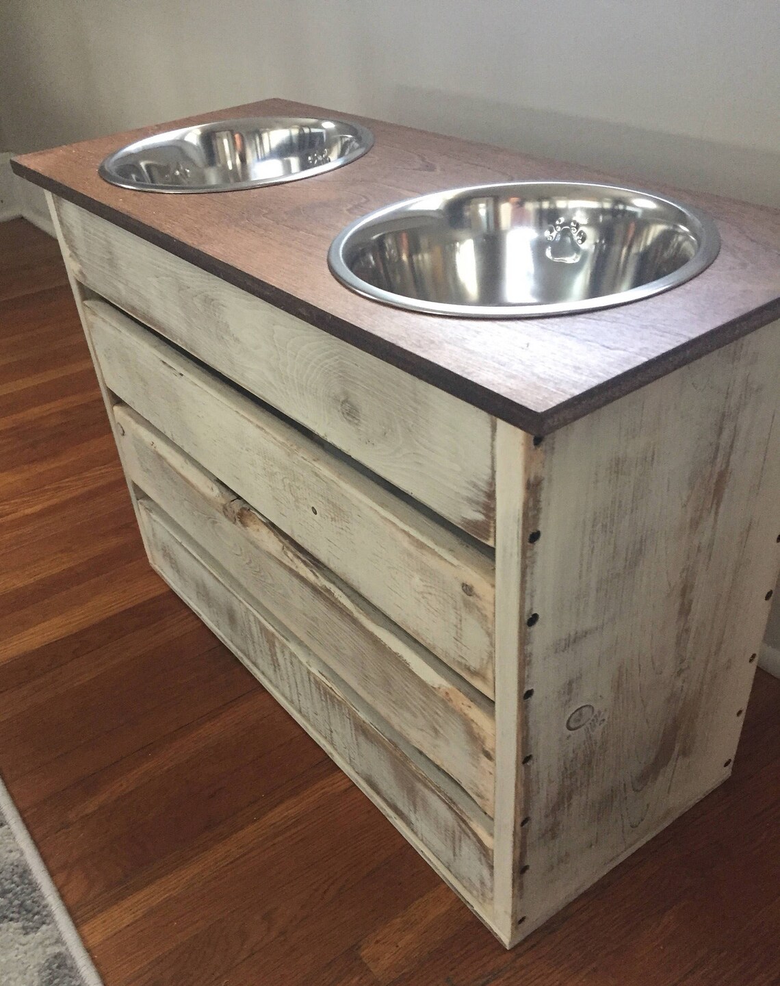 Extra Large Dog Feeder With Storage/elevated Stand/white Distressed ...