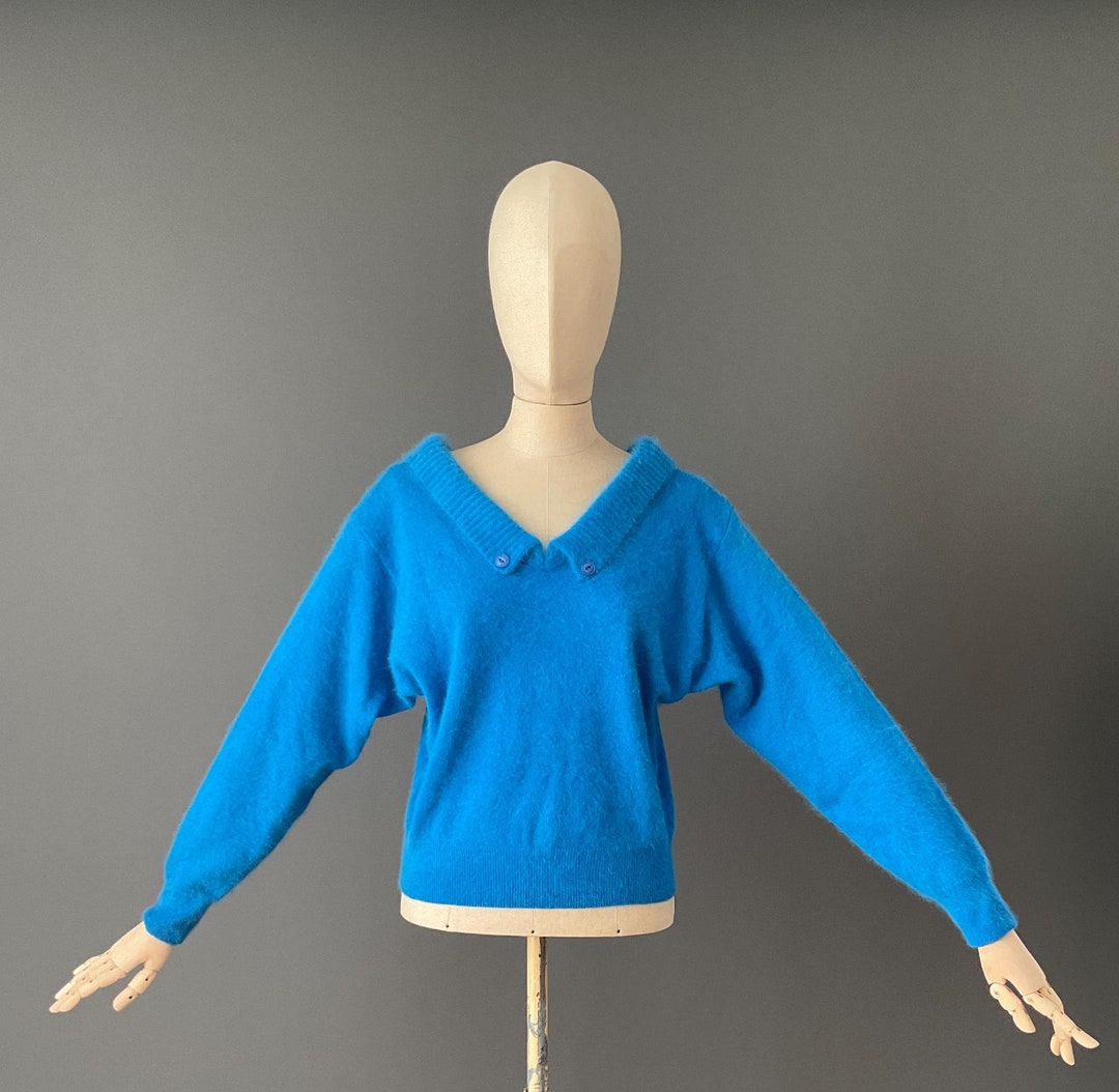 Vintage 1980s Does 1950s Bright Blue Angora Sweater, Size Small Medium . Dolman Batwing Portrait ...