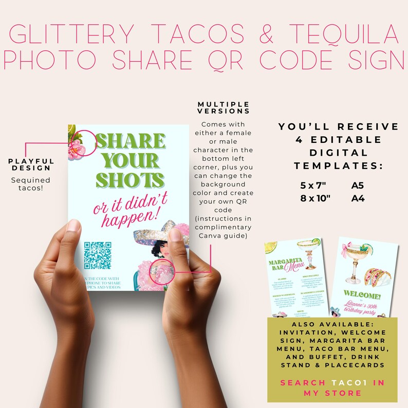 Tacos & Tequila Photo Share QR Code Sign Instant DOWNLOAD Canva ...