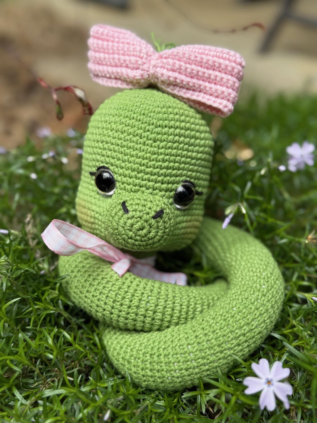 Charming Crochet Green Snake With Pink Bow and Flexible Design ...