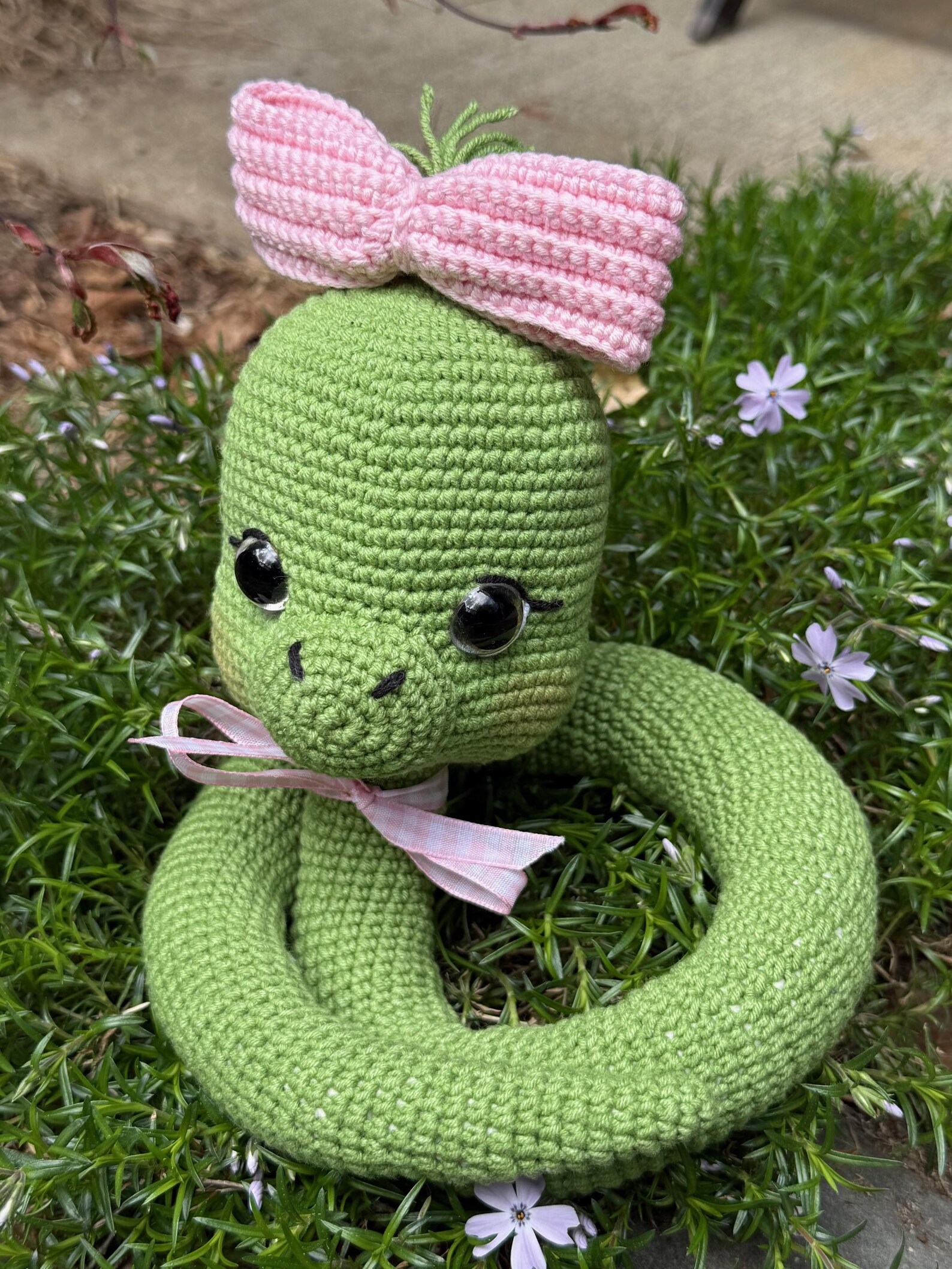 Charming Crochet Green Snake With Pink Bow and Flexible Design ...