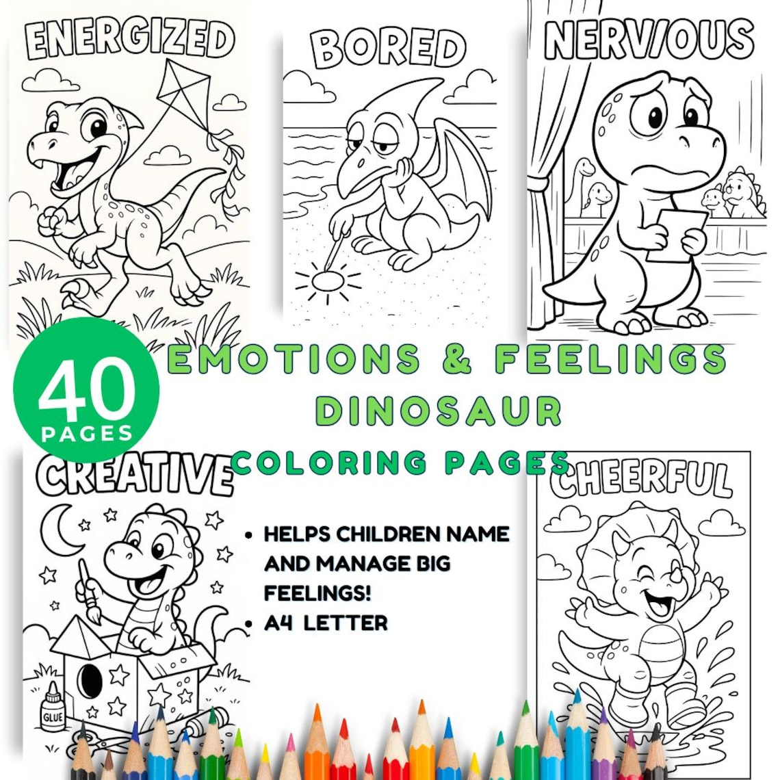 Big Feelings Dino Coloring Kids Book| 40 Printable Emotion Pages ...