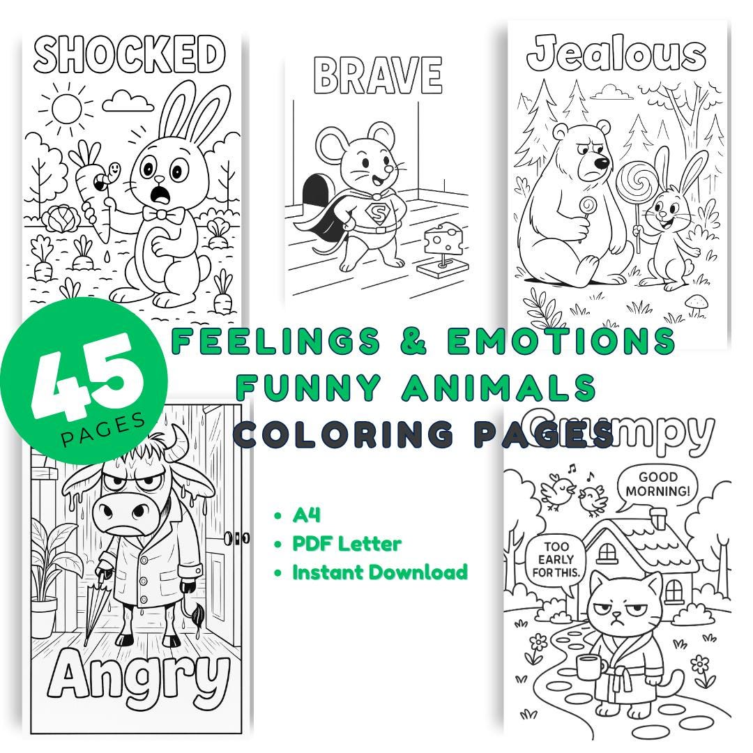 45 Emotions Funny Animals Coloring Pages |mental Health| Mindful ...