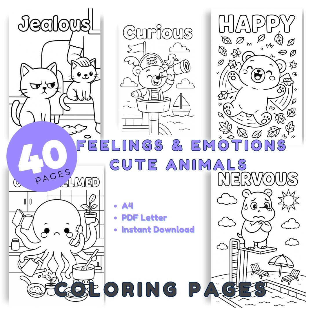 40 Emotions Cute Animals Kids Coloring Pages |mindful Activity Book for ...