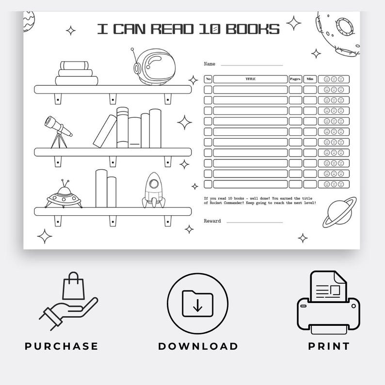 Printable Space Reading Tracker for Kids, I Can Read 10 Books, Rocket ...