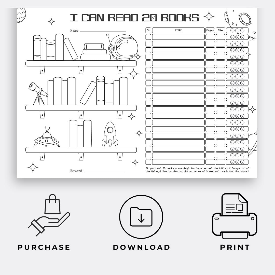 Printable Space Reading Tracker for Kids, I Can Read 20 Books, Rocket ...