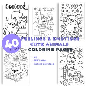 40 Emotions Cute Animals Kids Coloring Pages |mindful Activity Book for ...