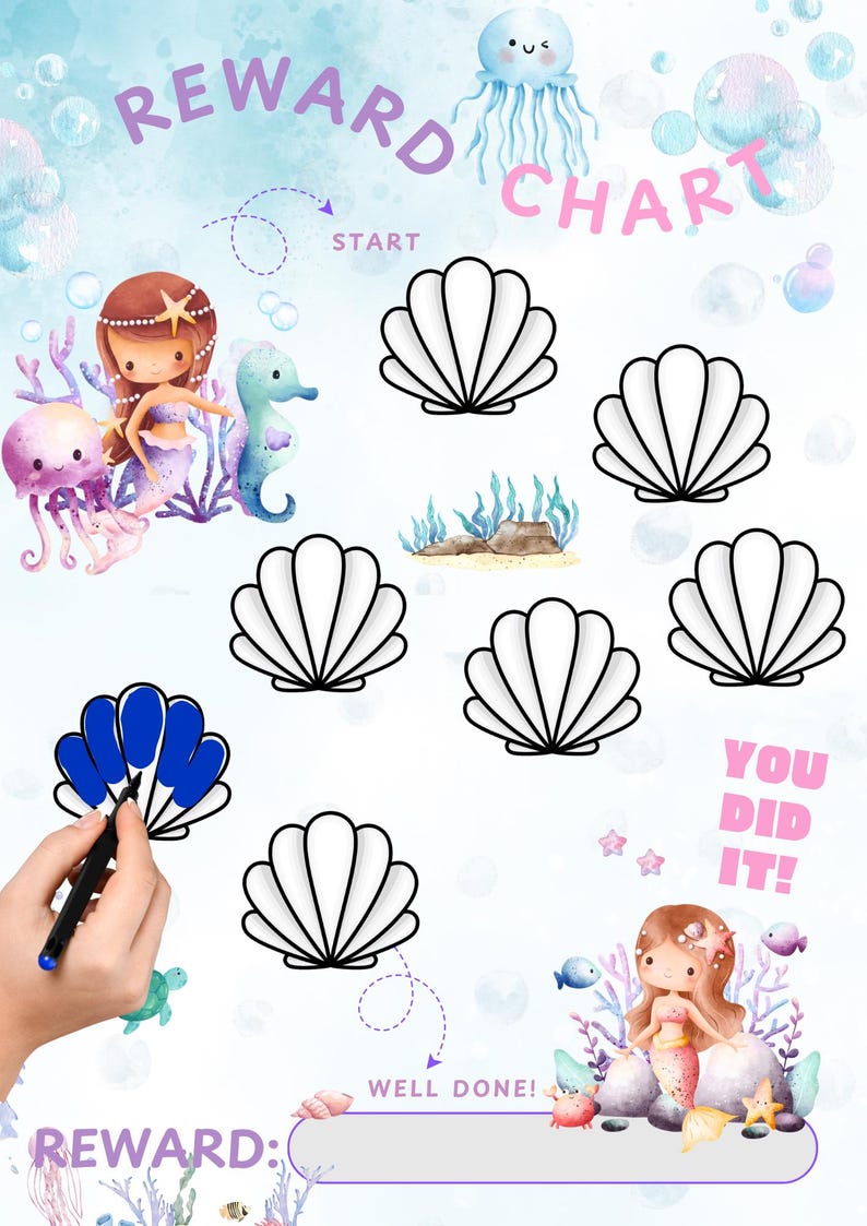 Printable Mermaid Sea Ocean Reward Chart | Kids Behavior| Toddler Potty ...
