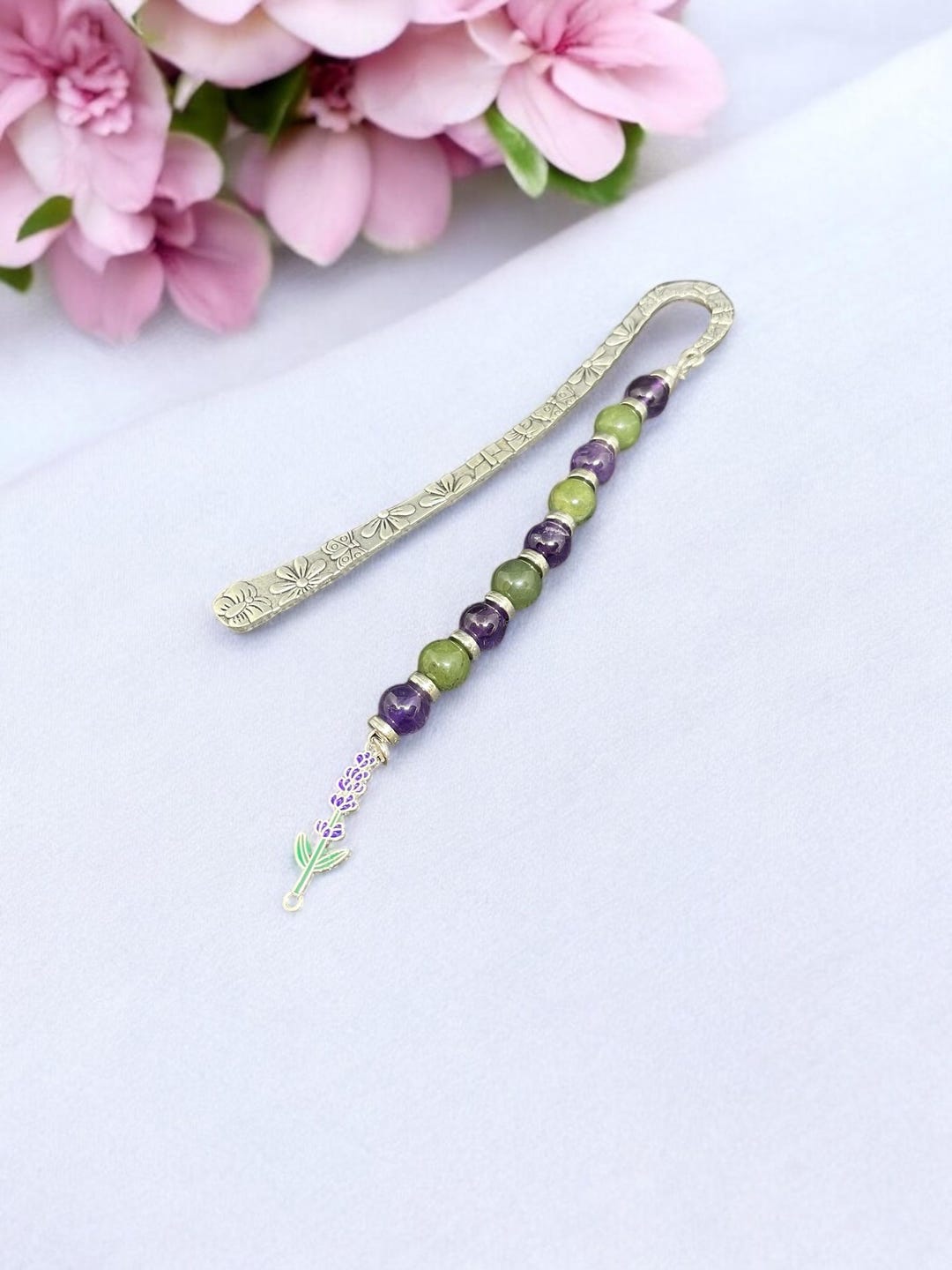 Handmade Amethyst & Jade Crystal Bookmark With Lavender Charm | Purple ...