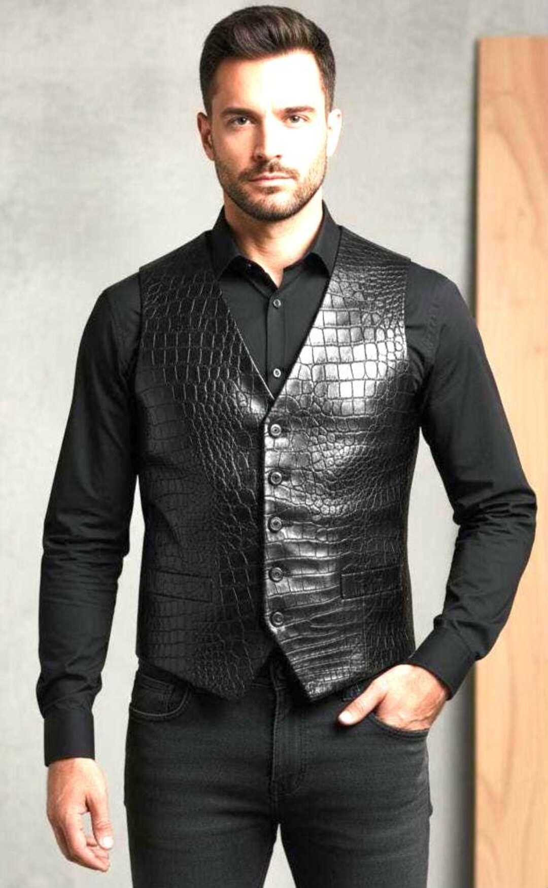 Black Alligator Pattern Leather Vest - Men's Designer Waistcoat - Etsy