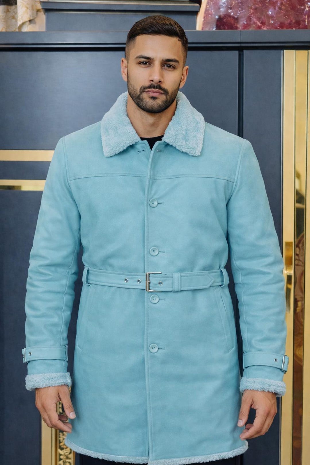 Men’s Women's Sky Blue Shearling Coat | Genuine Leather Winter Trench ...