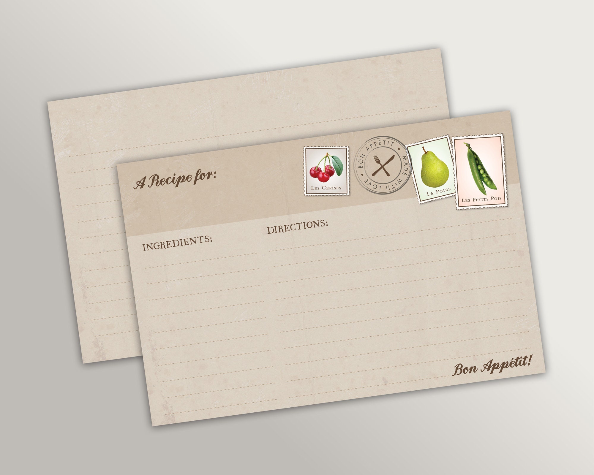 Bon Appetit Recipe Cards Printable PDF 4x6 French Stamps - Etsy