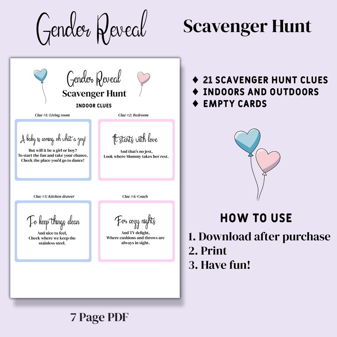 Gender Reveal Scavenger Hunt | Gender Reveal Treasure Hunt Clue Cards ...