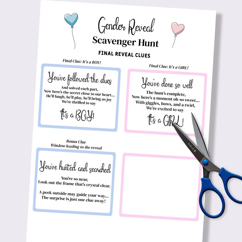 Gender Reveal Scavenger Hunt | Gender Reveal Treasure Hunt Clue Cards ...
