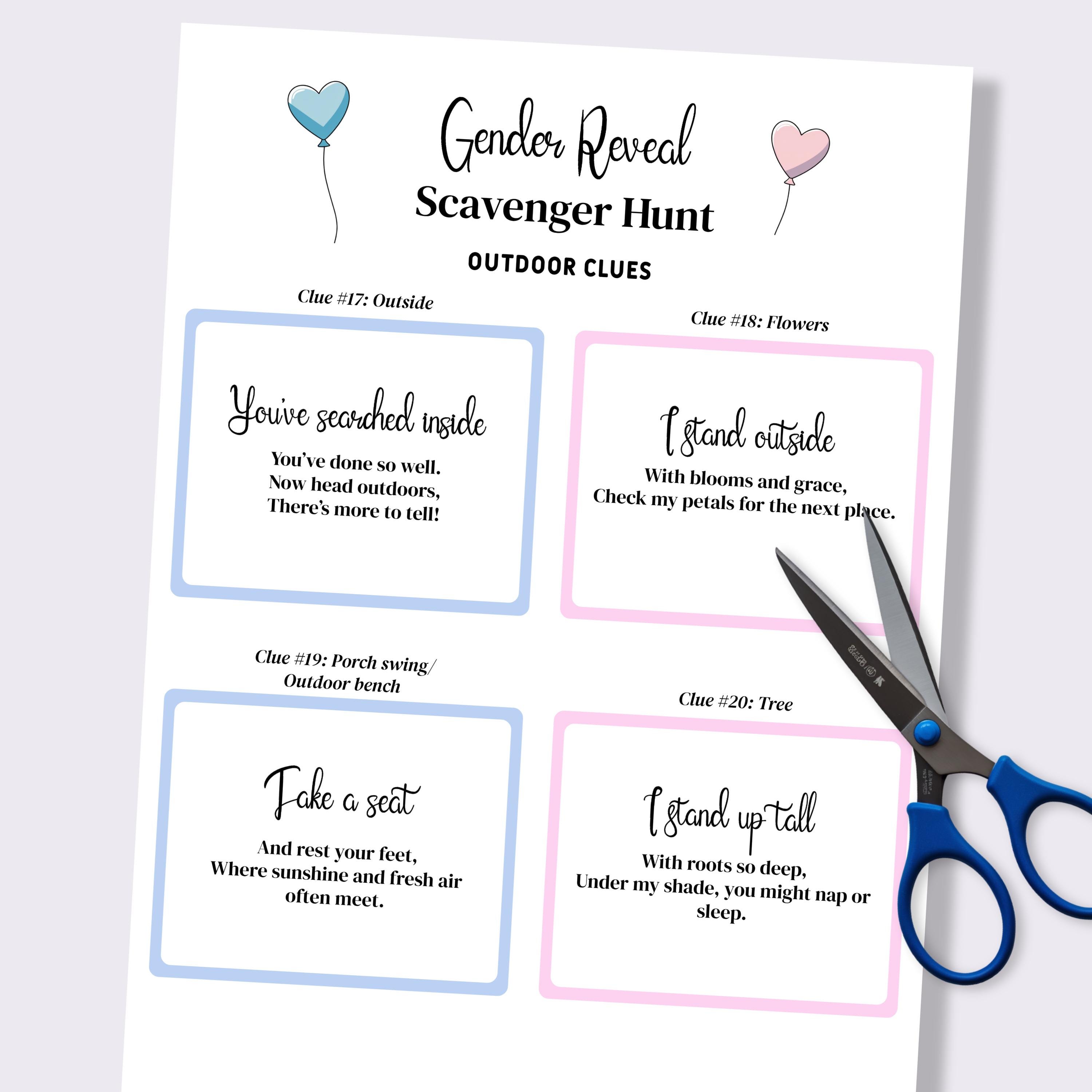 Gender Reveal Scavenger Hunt | Gender Reveal Treasure Hunt Clue Cards ...