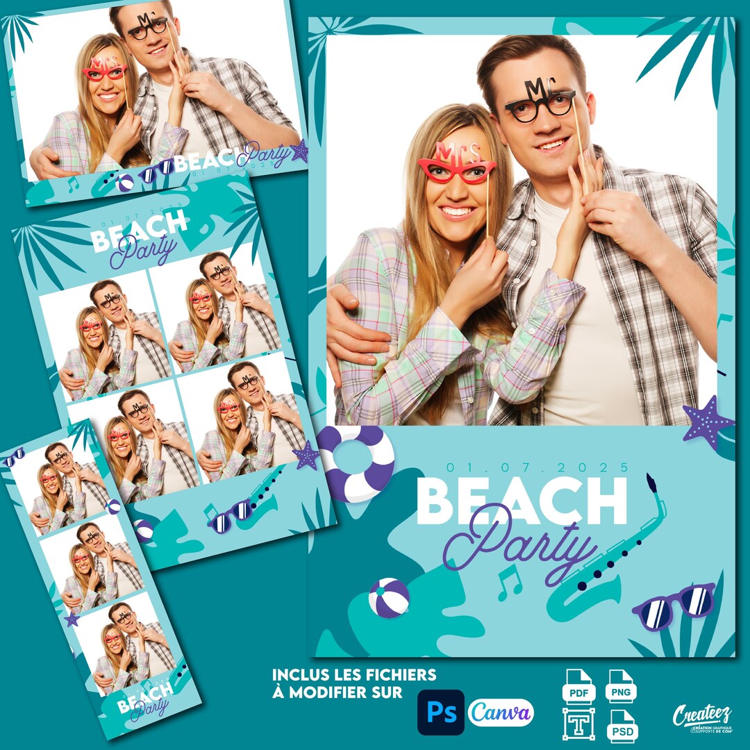 Pack 4 Beach Party Photo Booth Template, 2×4x6, 1×2x6, 1×6x4, Canva PSD ...