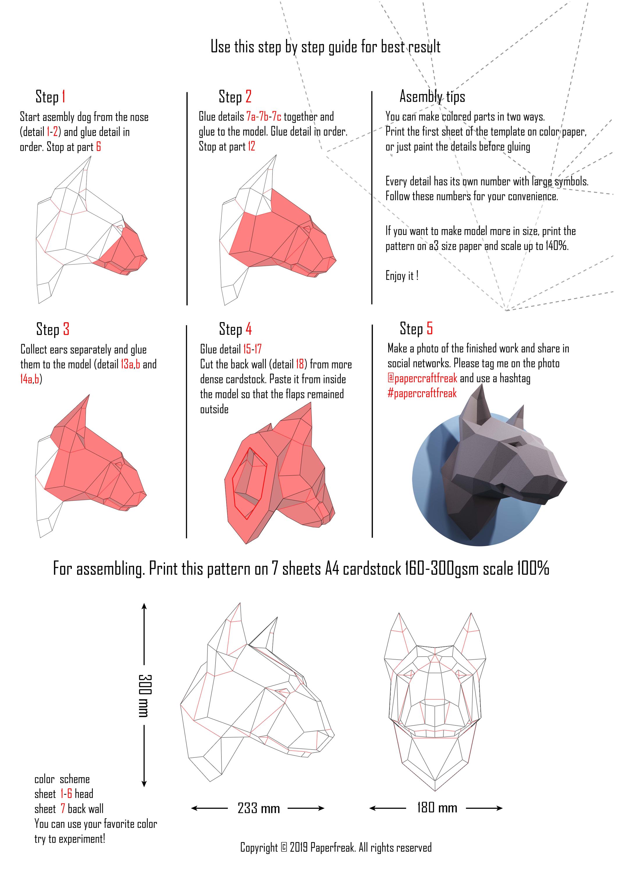 Papercraft 3d BULLTERRIER DOG HEAD Low Poly Paper Sculpture Diy Gift ...