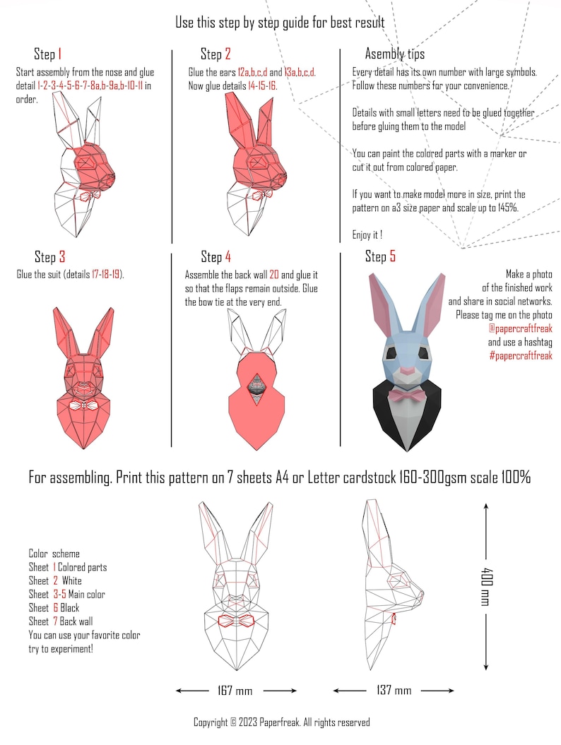 Papercraft 3D RABBIT BUNNY in SUIT Pepakura Low Poly Paper Sculpture ...