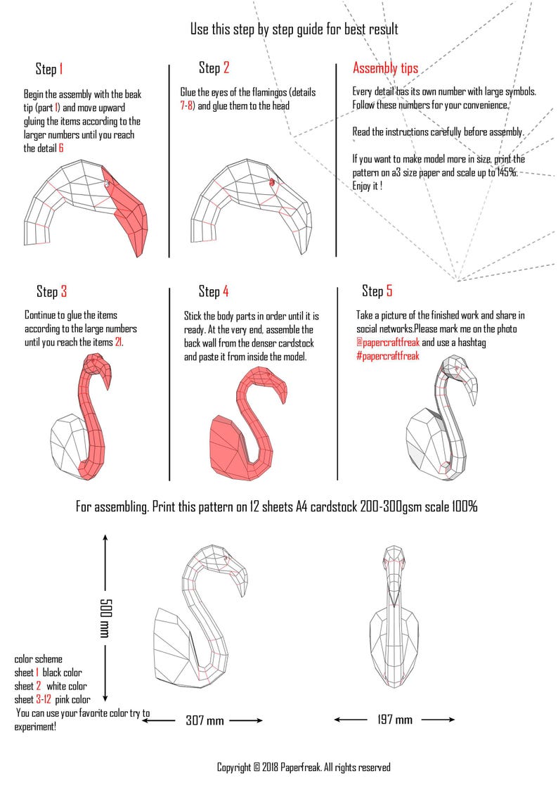 Papercraft 3D FLAMINGO Out of WALL Bird Pepakura PDF Template Low Poly ...