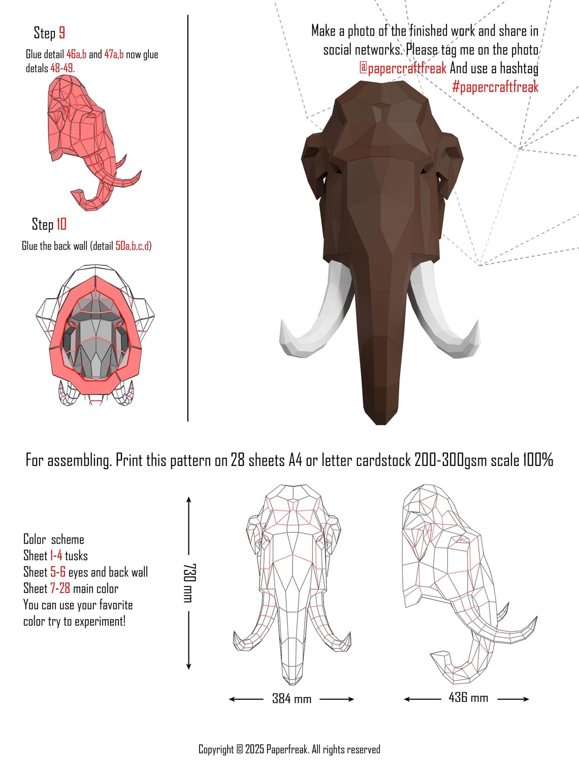 Papercraft 3D MAMMOTH HEAD Woolly Elephant Pepakura Low Poly Paper ...