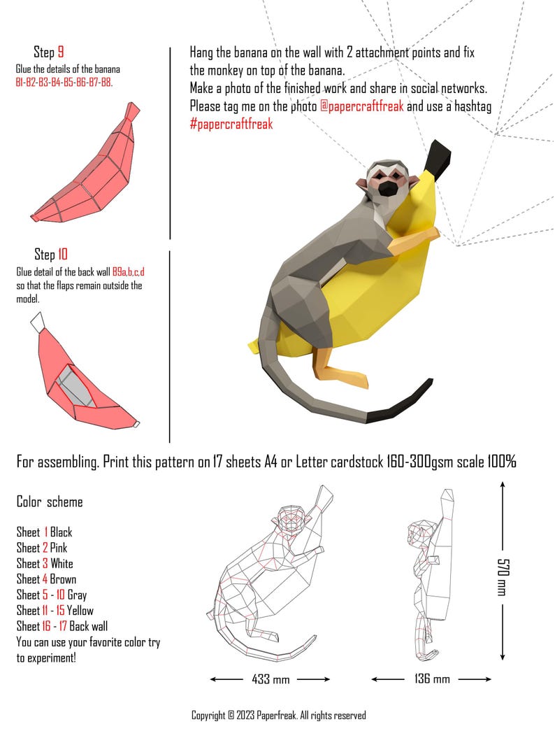 Papercraft 3D MONKEY on BANANA Low Poly Paper Sculpture Diy Chimp Gift ...