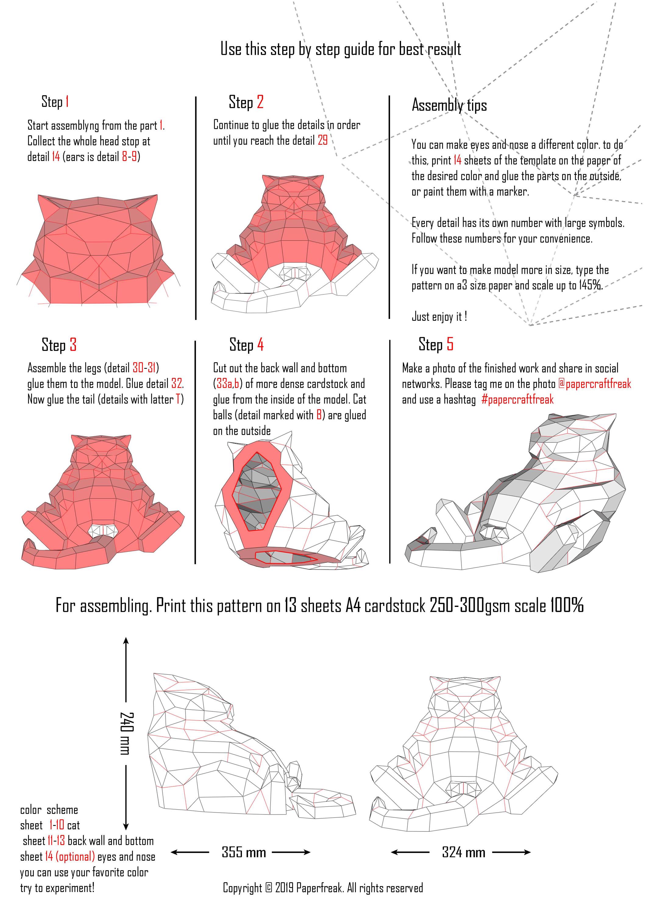 Papercraft 3D FAT CAT With Balls Sculpture Pepakura Gift Cat Lover Low ...