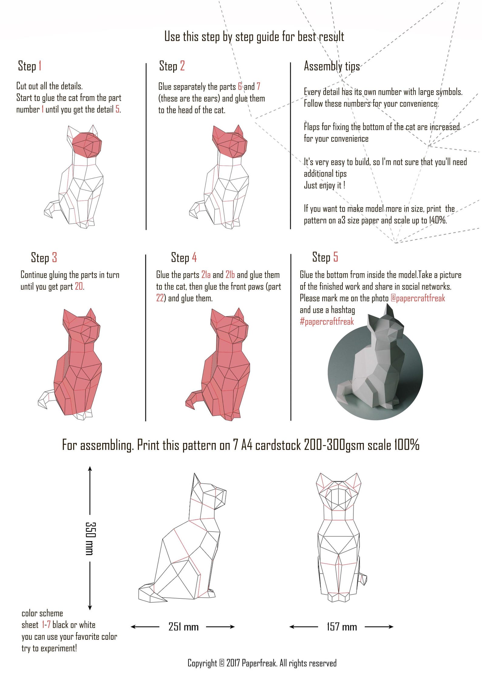 Papercraft 3D SITTING CAT Figure Pepakura Pdf Template Low Polygonal ...