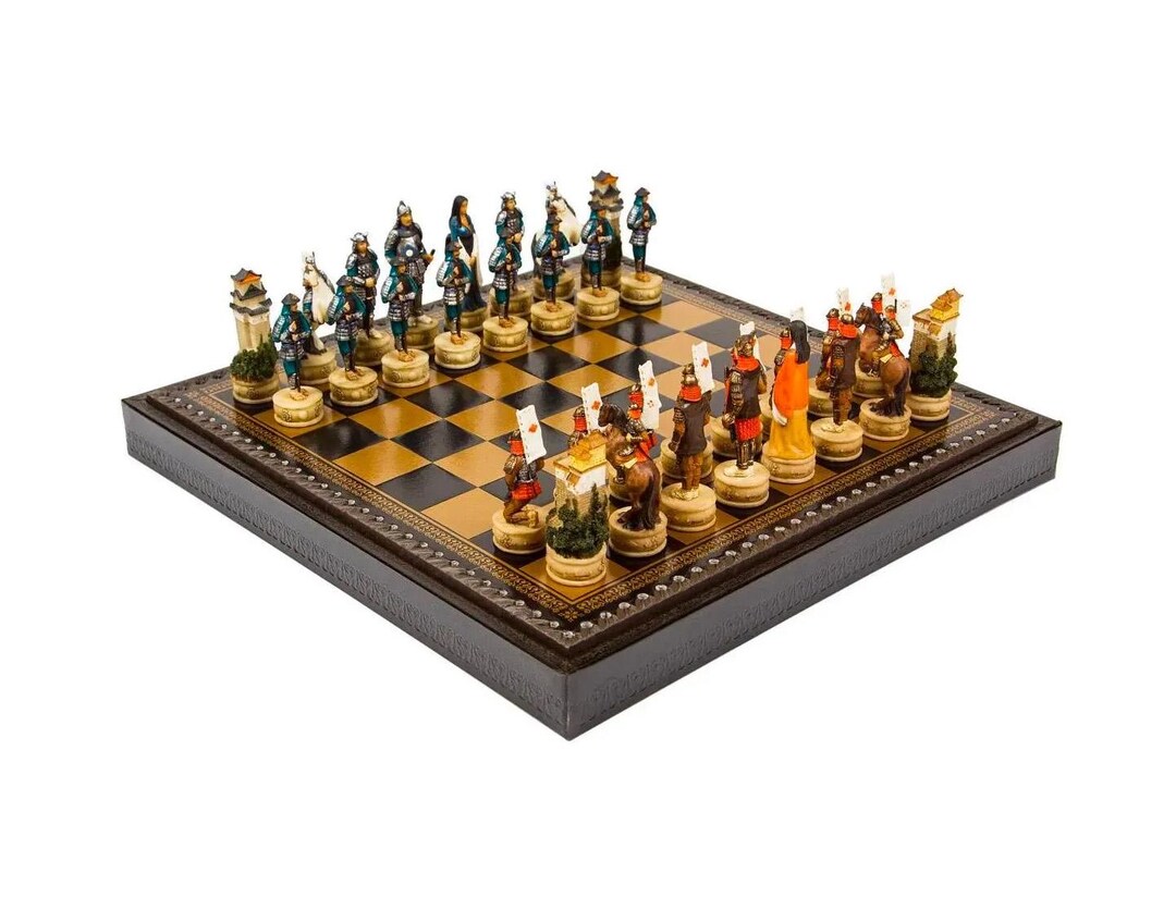 Italian Set Chess Pieces Resin Samurai+chess Board Gold/black 35 - Etsy