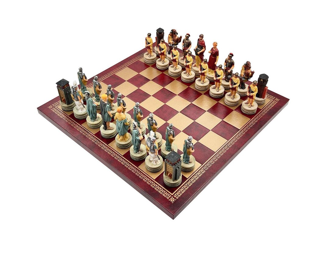 Italian Set Chess Pieces Greeks Vs Romans+board Gold/burgundy 33 - Etsy