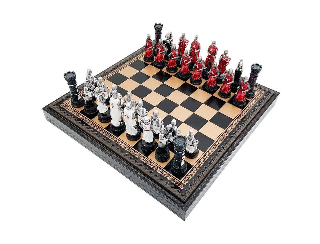 Italian Set Chess Pieces Templars+chess Board Leatherette Gold/black 35 ...