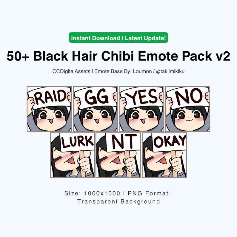 50+ V2 Black Hair Girl Emotes | Female Chibi Emote Set for Twitch ...