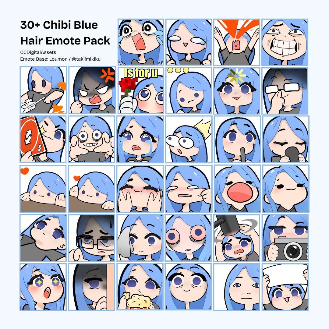 30+ Blue Hair Girl Emotes | Female Chibi Emote Set for Twitch, Discord ...