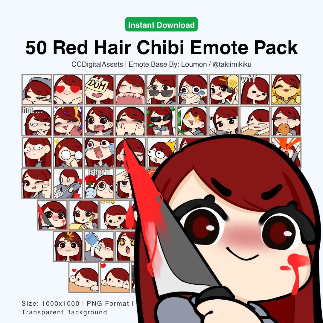 50 Red Hair Girl Emotes | Female Chibi Emote Set for Twitch, Discord ...