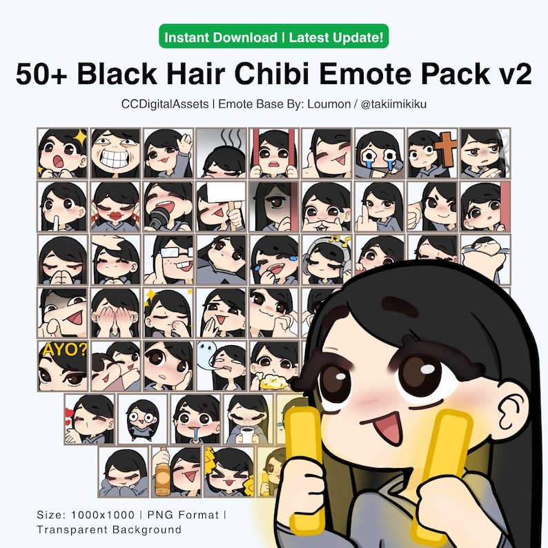 50+ V2 Black Hair Girl Emotes | Female Chibi Emote Set for Twitch ...
