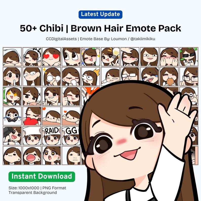 50+ Brown Hair Girl Emotes | Female Chibi Emote Set for Twitch, Discord ...