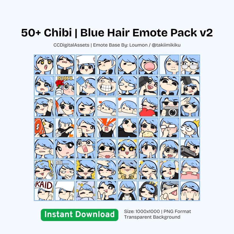 50+ Blue Hair Girl Emotes | Female Chibi Emote Set for Twitch, Discord ...